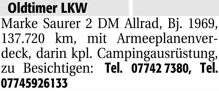 Saurer 2 DM Allrad Oldtimer LKW, Bj. 1969 | SÜDKURIER: Kleinanzeigen ...